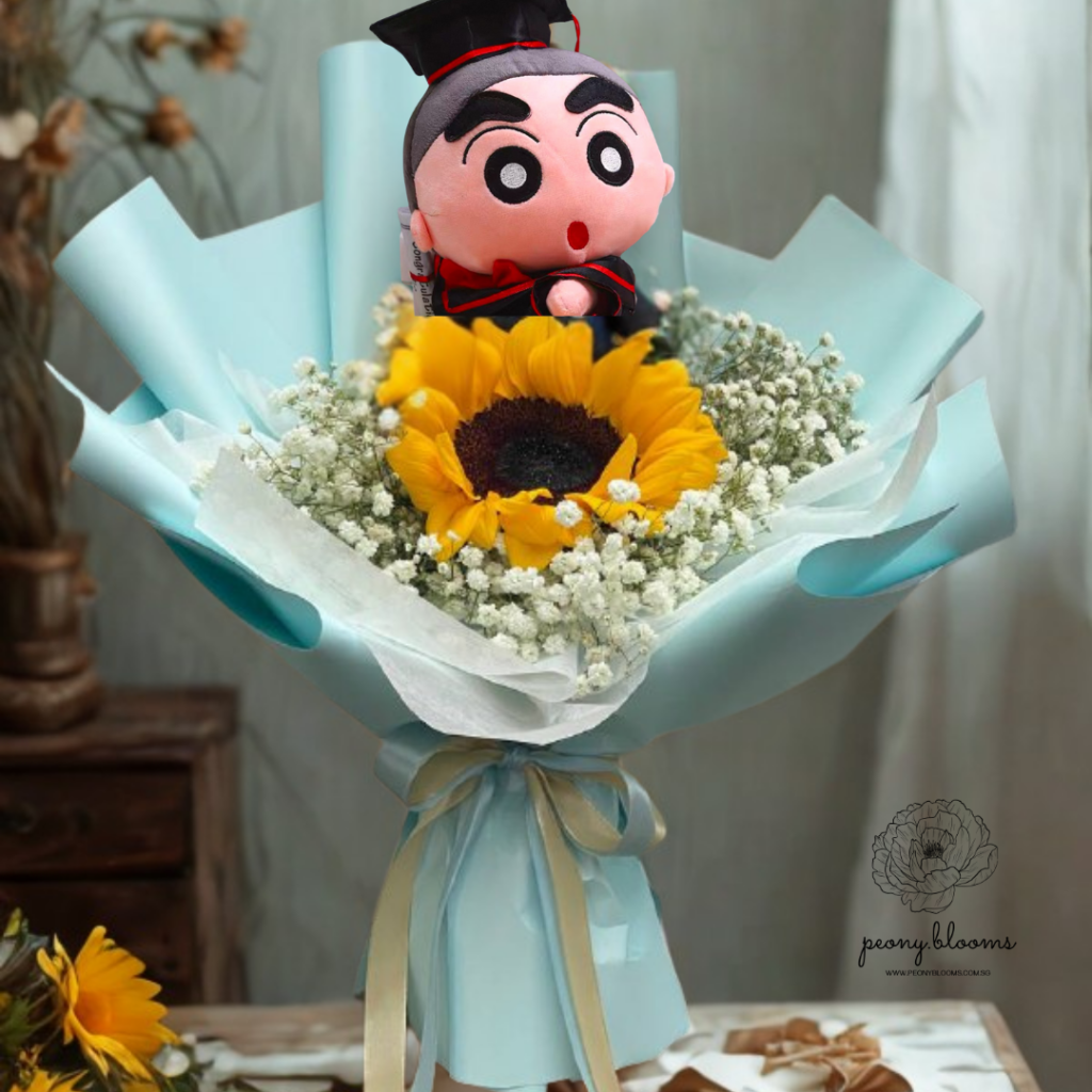 Graduation Sunflower Bouquet – Shin Chan Plush with Sunflowers